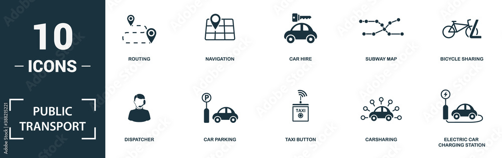 Public Transport icon set. Monochrome sign collection with routing ...