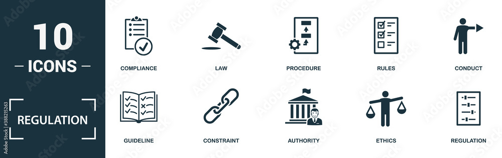 Regulation icon set. Monochrome sign collection with compliance, law ...