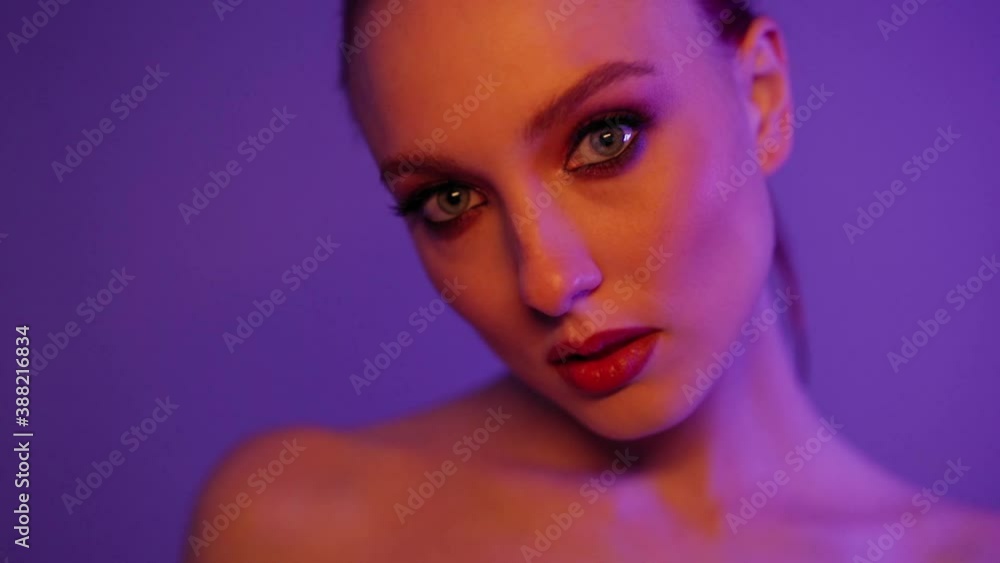 Portrait of Girl Looking at Camera in Colourful Filter. Multi-Colours ...