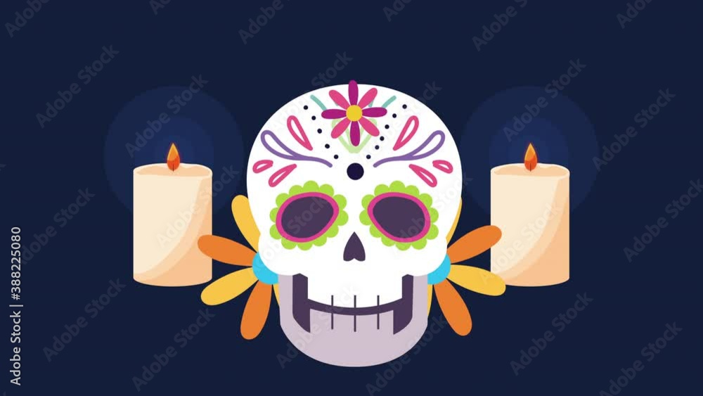 dia de los muertos animation with head skull and candles Stock Video ...