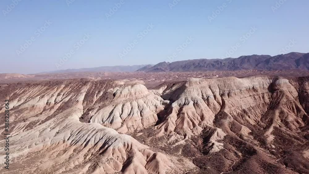 Colored hills of the gorge in the desert. Top view from drone of the ...
