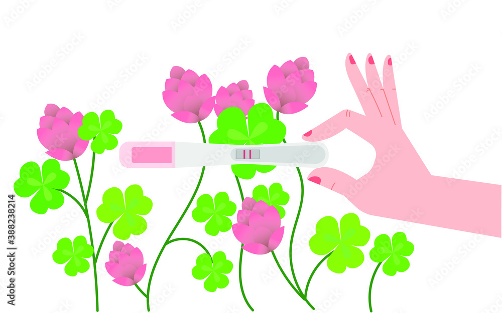 Female hand is holding a pregnancy test with positive result as a two ...