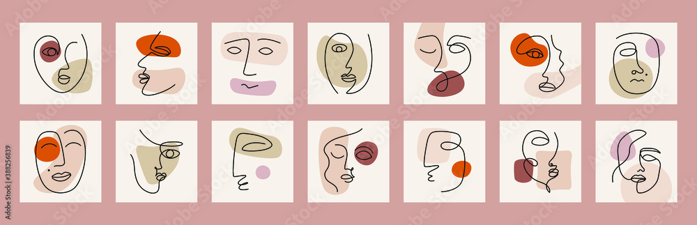 Set of cubism faces and abstract shapes. Continuous line portraits ...