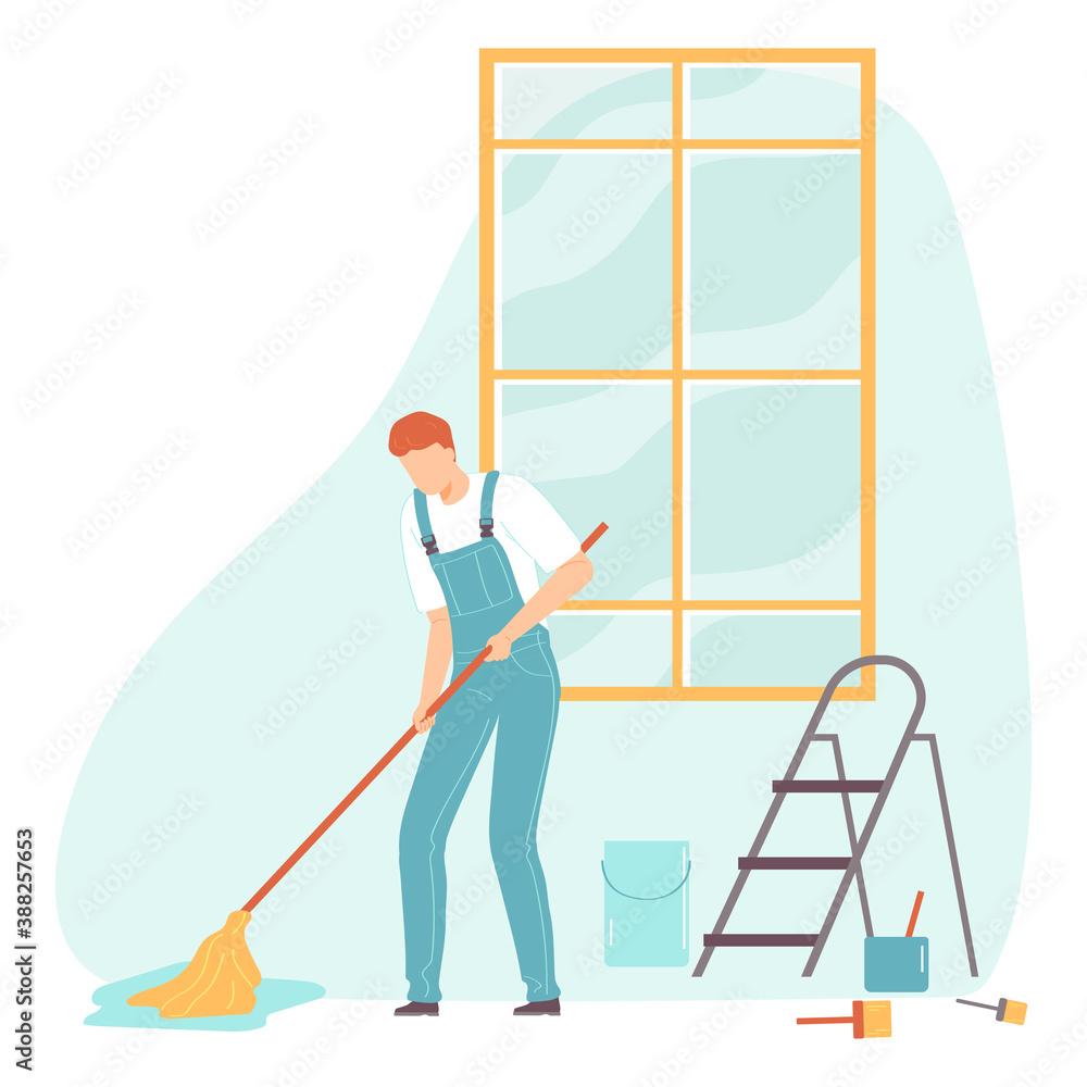 Worker wash the floor after renovation. Cleaning service. Cartoon flat ...