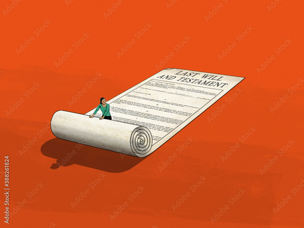 Woman unrolling Last Will and Testament document Stock Illustration ...