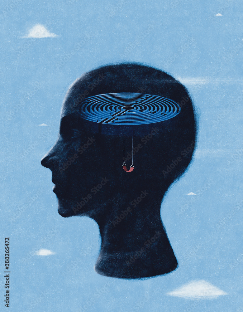 Empty swing dangling from maze inside of head Stock Illustration ...