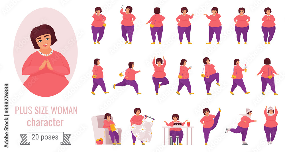 Plus size woman poses vector illustration set. Cartoon cute fat female ...