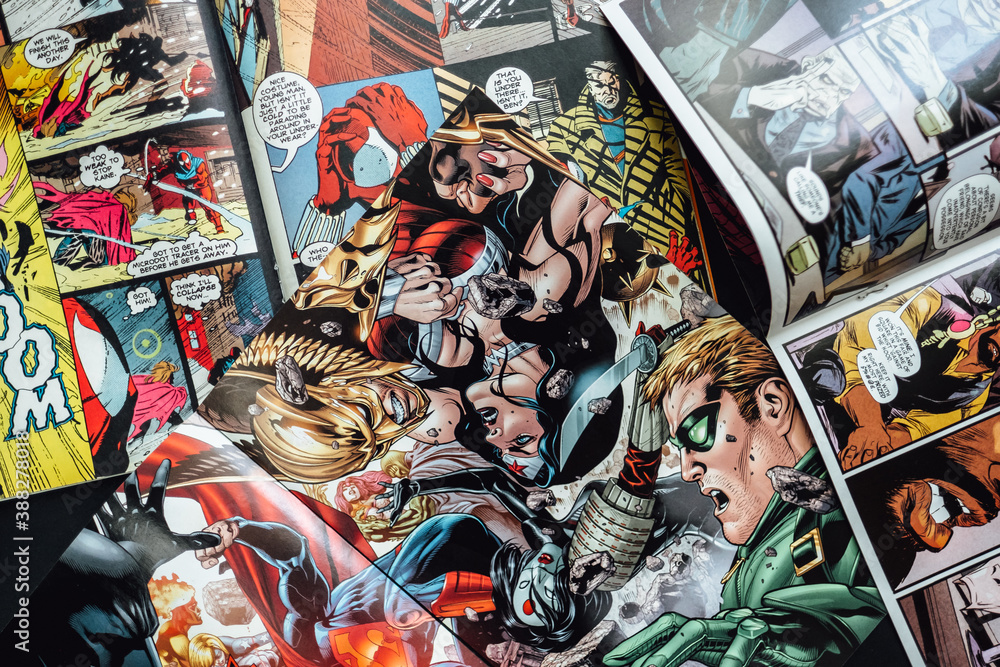 Open comic books on the table. Comic book page background. Rostov-on ...