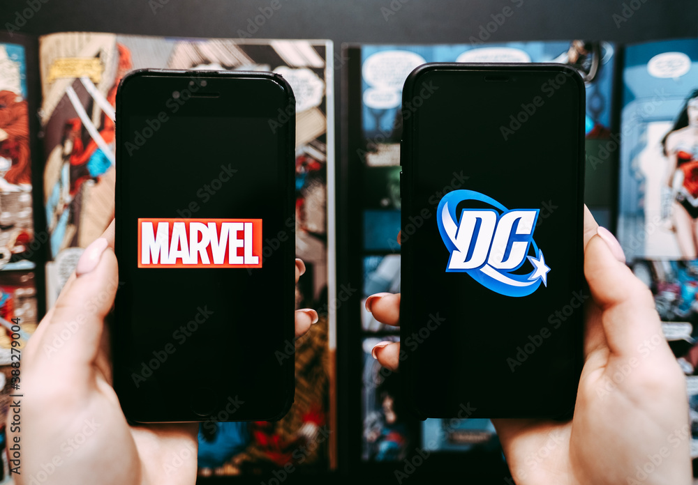 Marvel and DC logo on the comic book page background. Rostov-on-Don ...