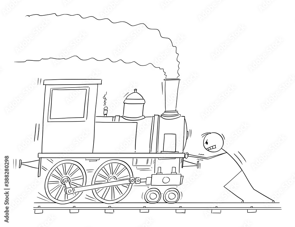 Vector cartoon stick figure illustration of man pushing steam railroad ...