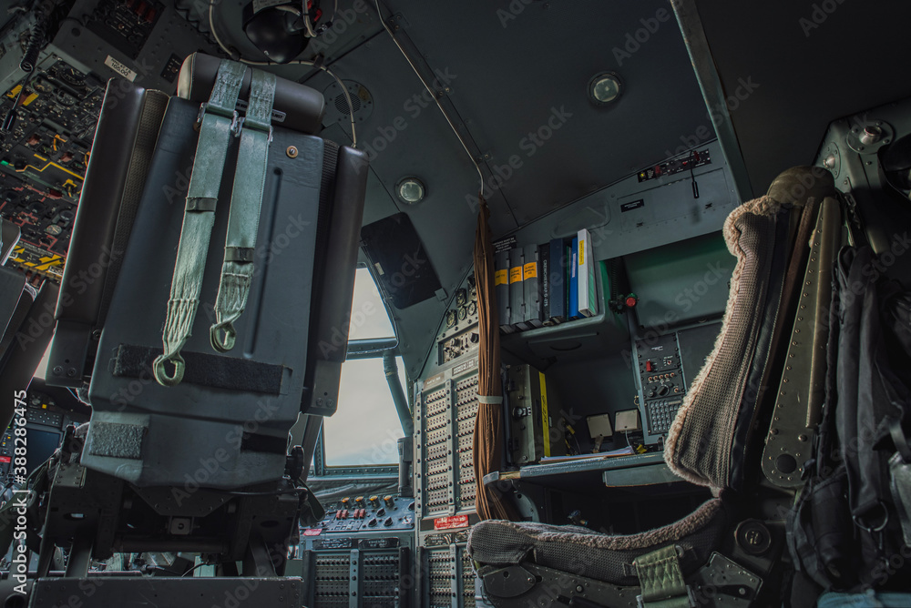 Military heavy cargo aircraft C130 or C 130 Hercules cockpit or cabin ...