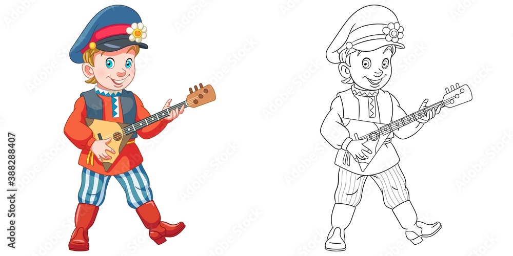Coloring page with boy playing balalaika. Line art drawing for kids ...