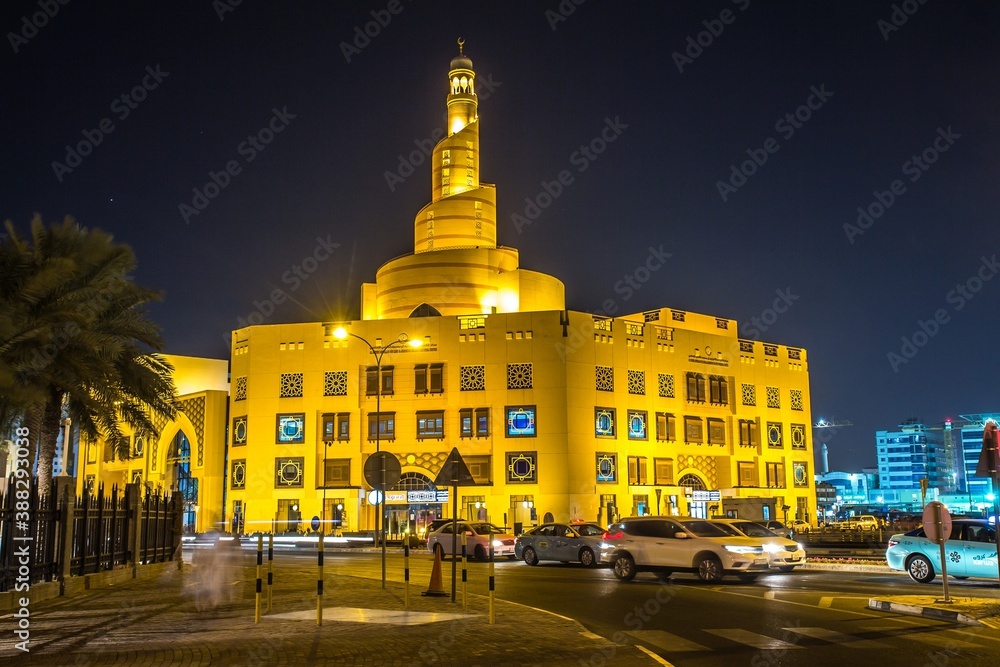 DOHA, QATAR - OCTOBER 27, 2017: Mosque Fanar with unique spiral minaret ...
