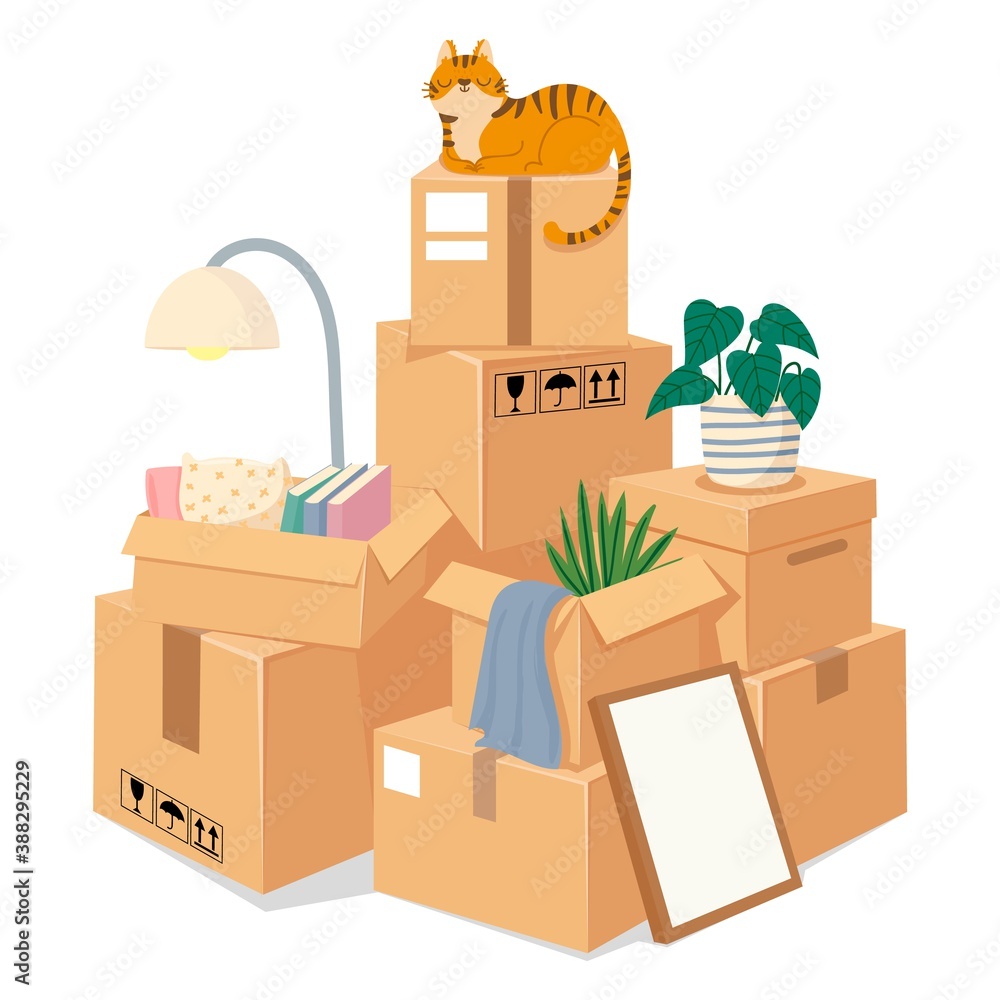 Boxes stack for moving. Stacked brown cardboard packages with stuff for ...