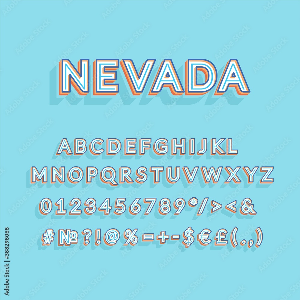 Nevada header vintage 3d vector alphabet set. Retro bold font, typeface ...