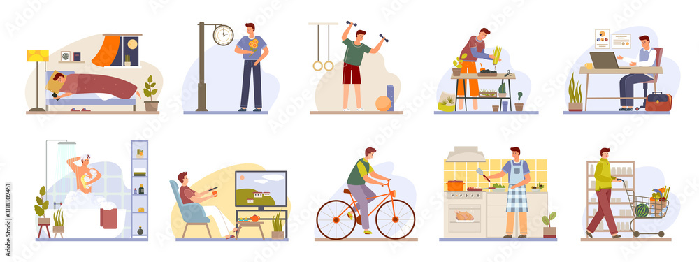 Man daily routine icons set day work and rest life schedule isolated ...