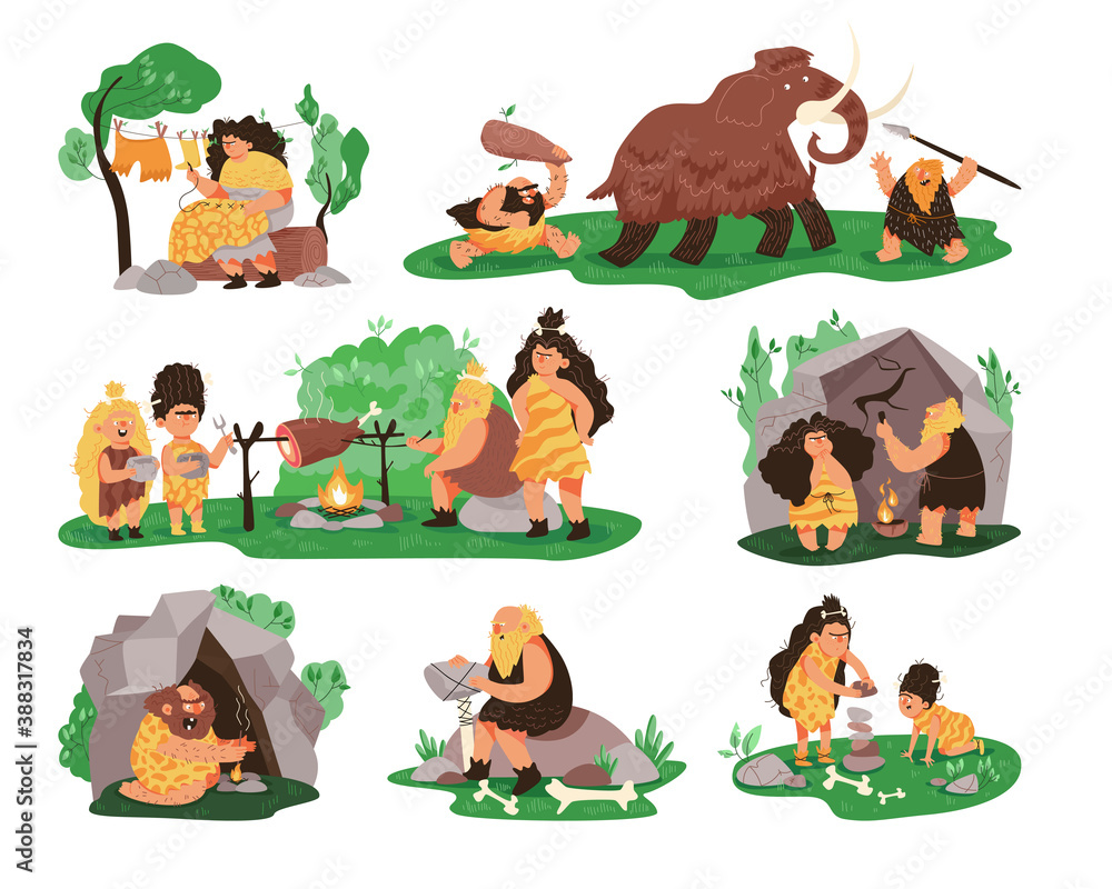 Prehistoric Stone Age Primitive People Life Set Of Vector Illustration
