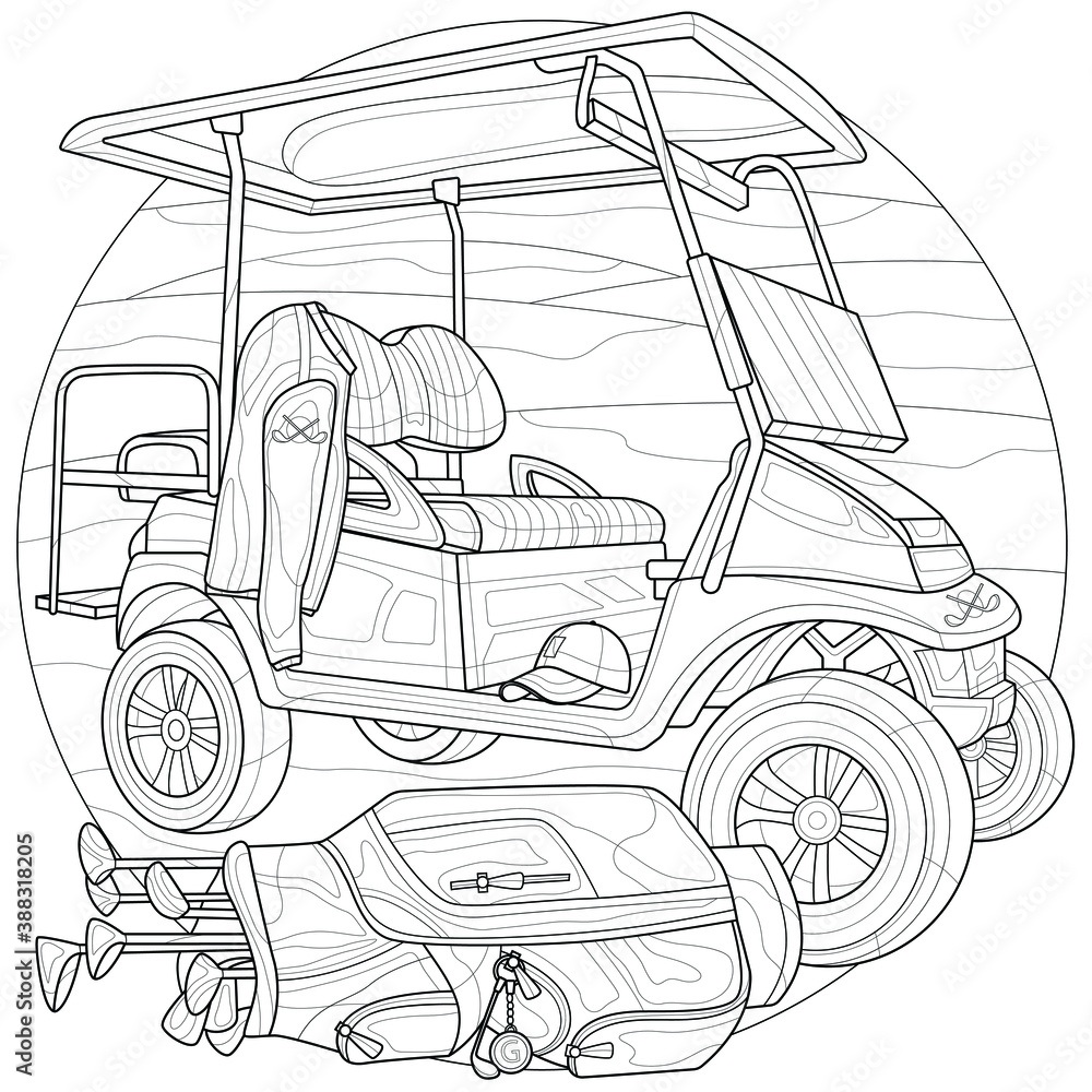 Golf car and golf bag.Coloring book antistress for children and adults ...