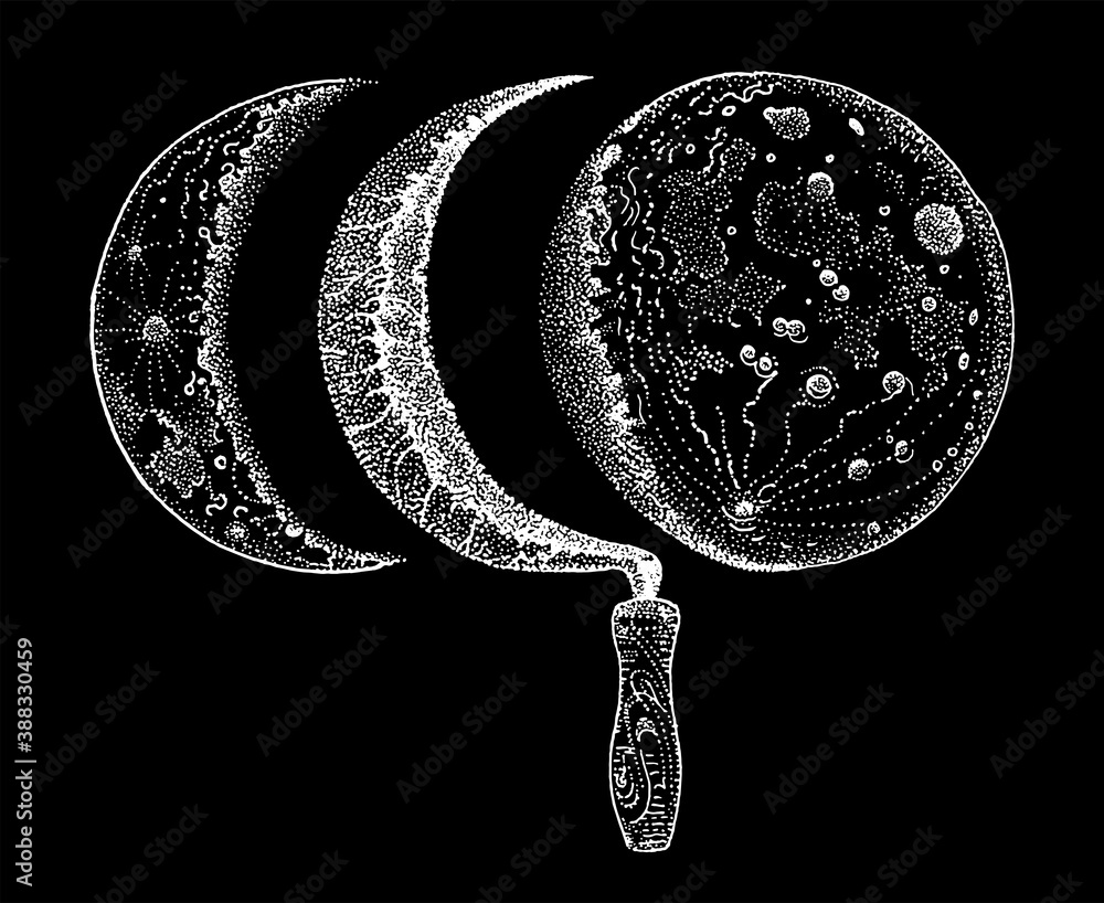 Sickle and moon phases. Waning and crescent moon. Hand drawn vector ...