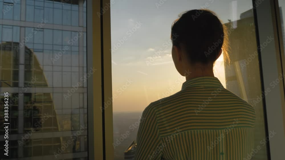 Back view of woman silhouette looking at cityscape through window of ...