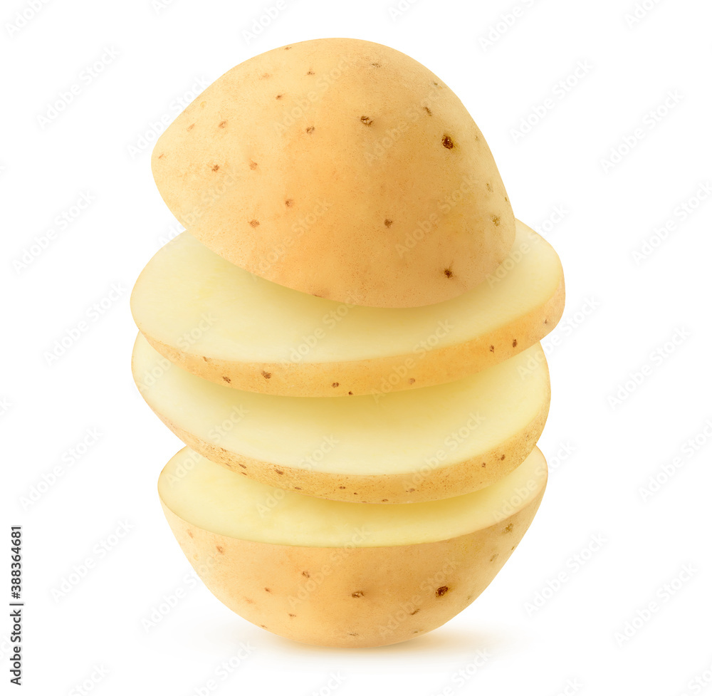 Flying pieces of washed raw potato on top of each other isolated on ...