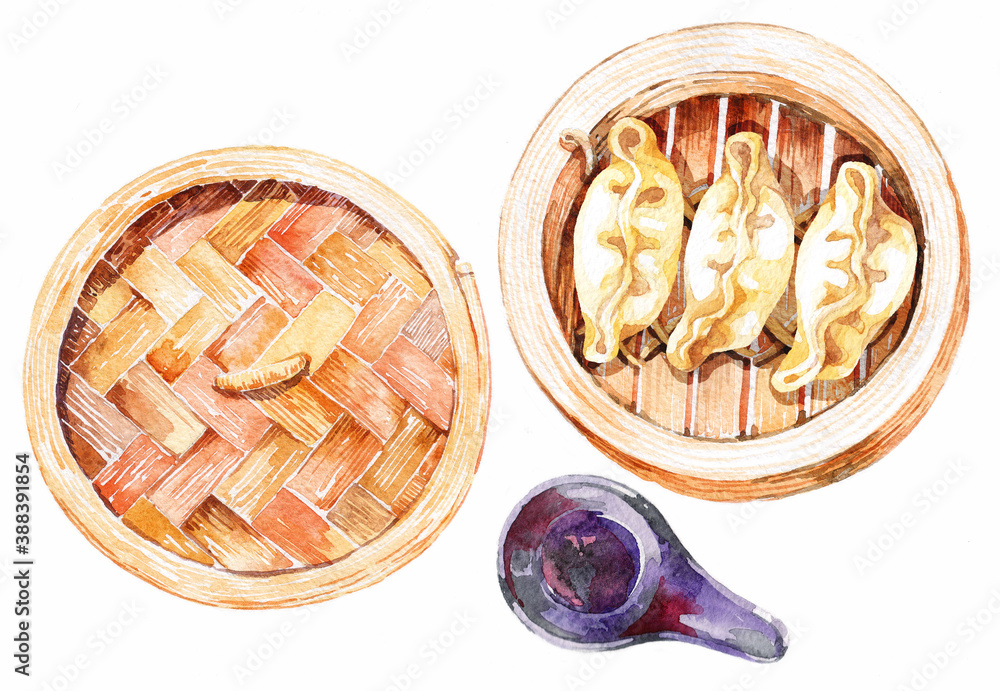 Dim sum. Black and white linear graphic. Ink hand drawing. Asian food ...