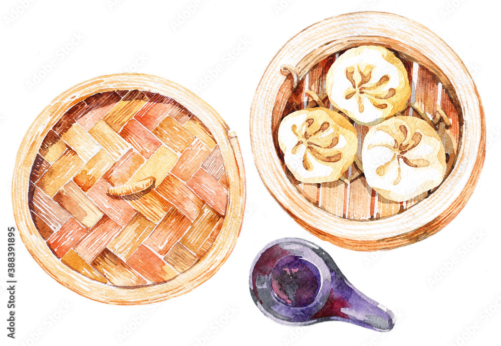 Dim sum. Black and white linear graphic. Ink hand drawing. Asian food ...