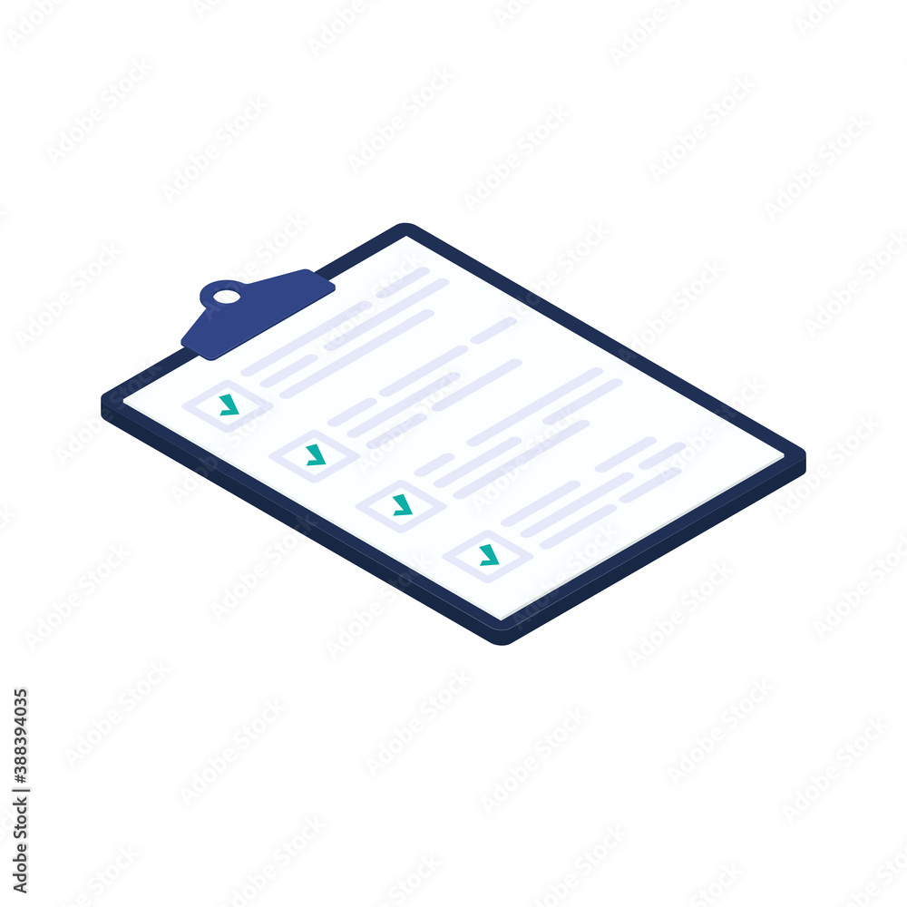 Isometric checklist vector illustration. Pad with sheets of paper and a ...