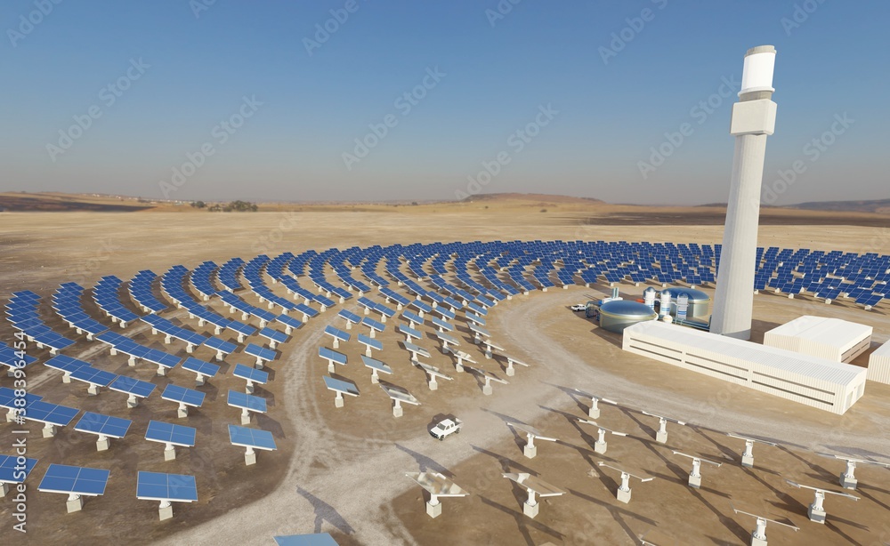 Solar thermal energy plant with a circular array of collectors. Clean ...