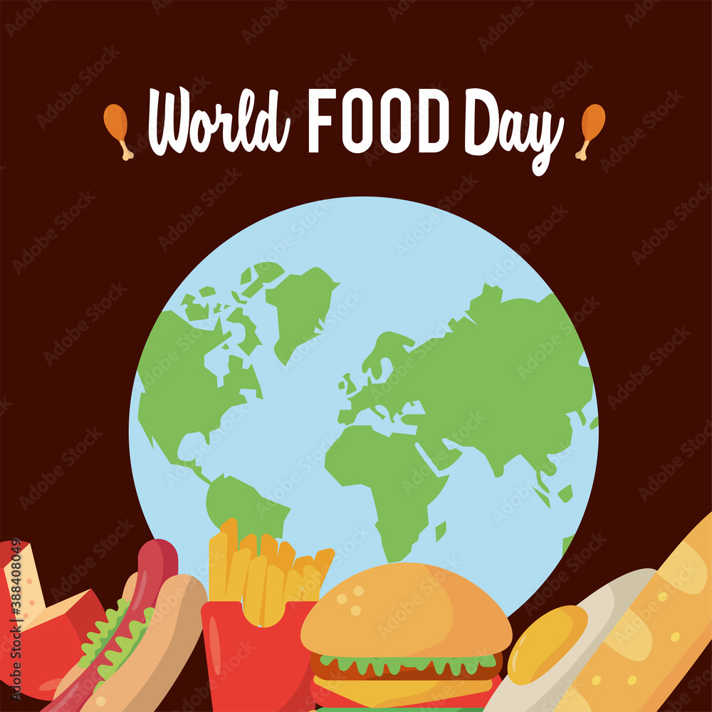 world food day lettering poster with earth planet and food Stock Vector ...