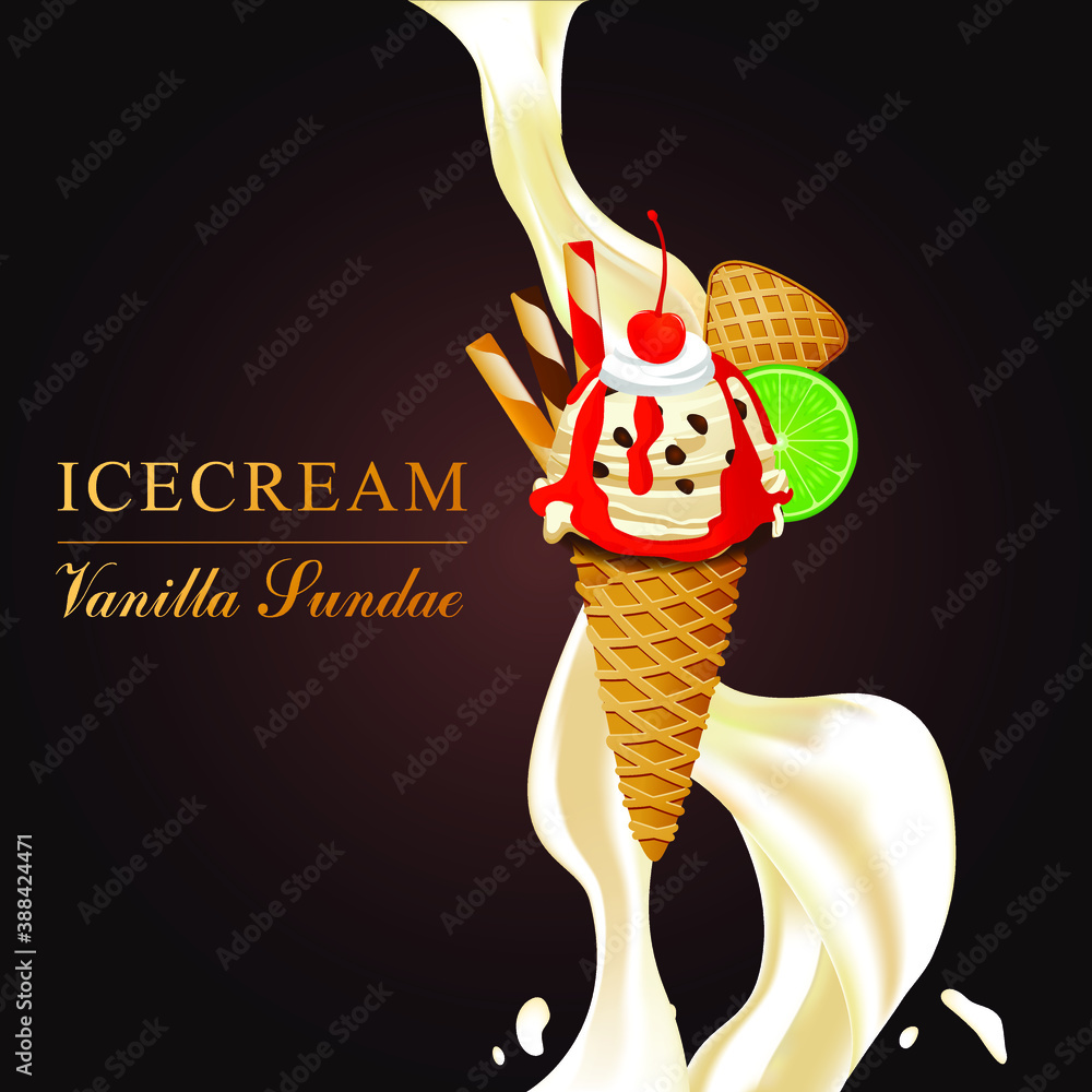 Vanilla chocolate chip ice cream in waffle cone topping with strawberry ...