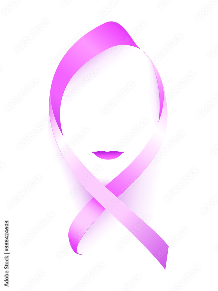 Realistic pink ribbon in woman face silhouette shape; breast cancer ...