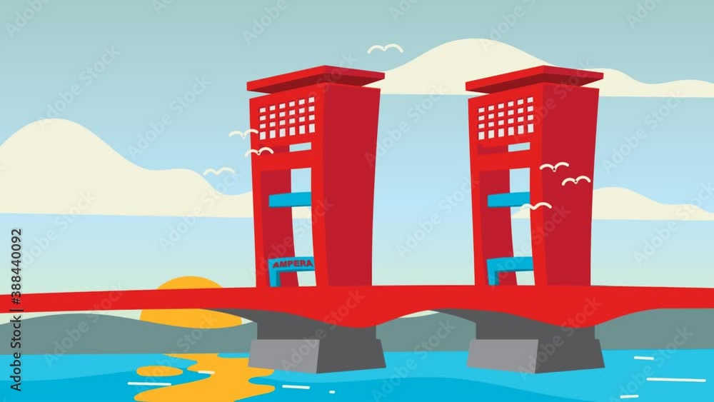 Animated cartoon video, the longest bridge in Palembang, Indonesia. An ...