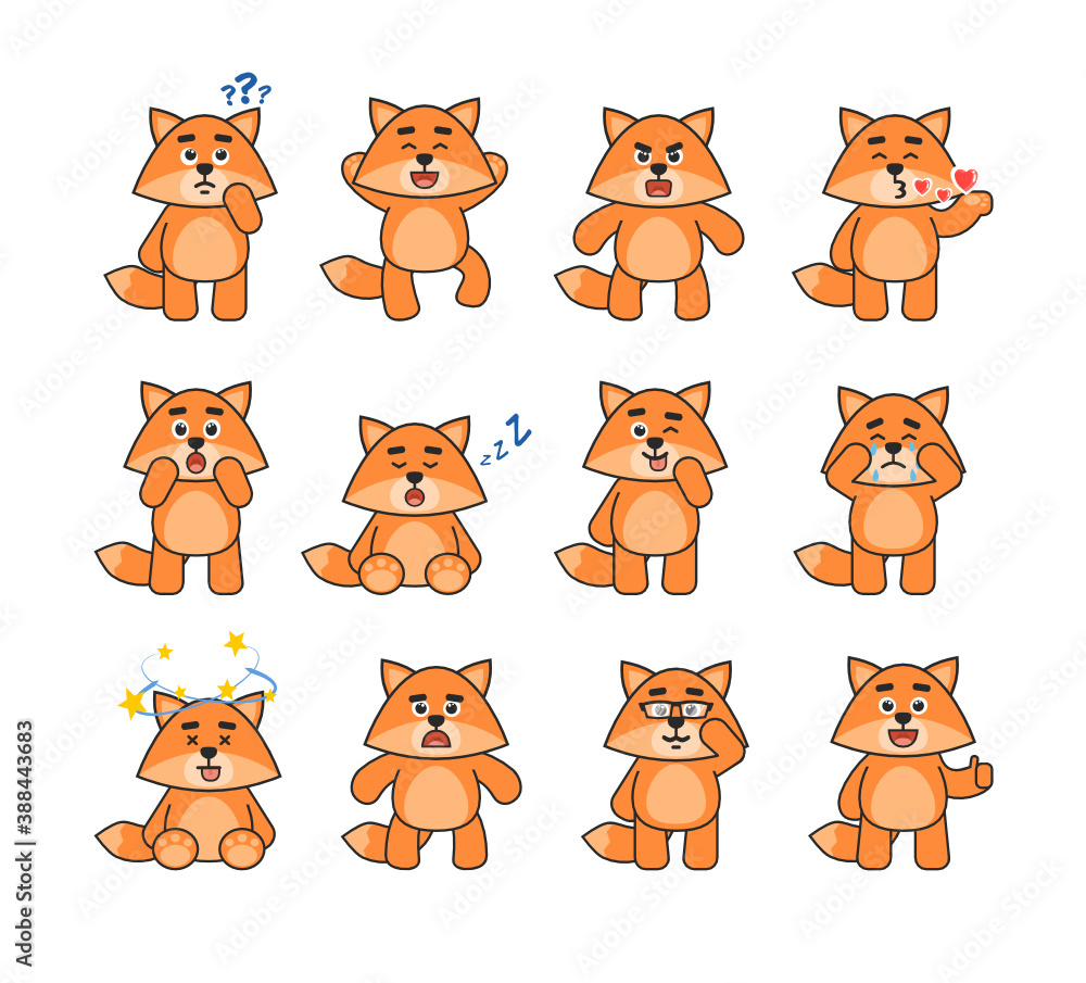 Fox mascot showing various emotions. Cute fox thinking, surprised ...