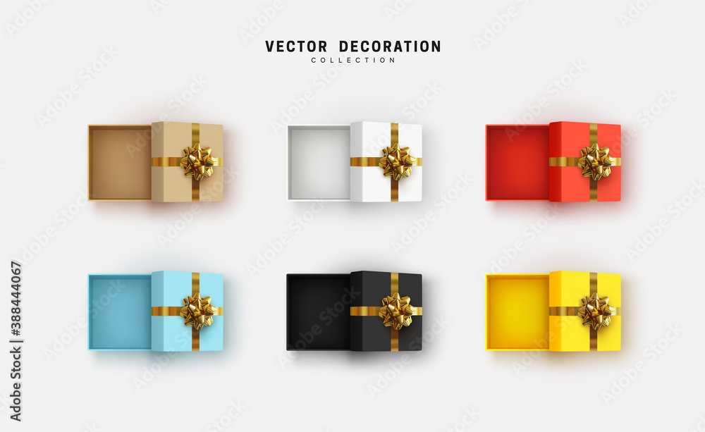 Set of empty open gift box with lush gold bow. Collection of realistic ...