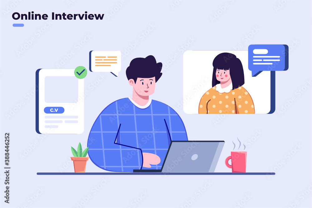 Flat illustration interview with online video call, social distance job ...