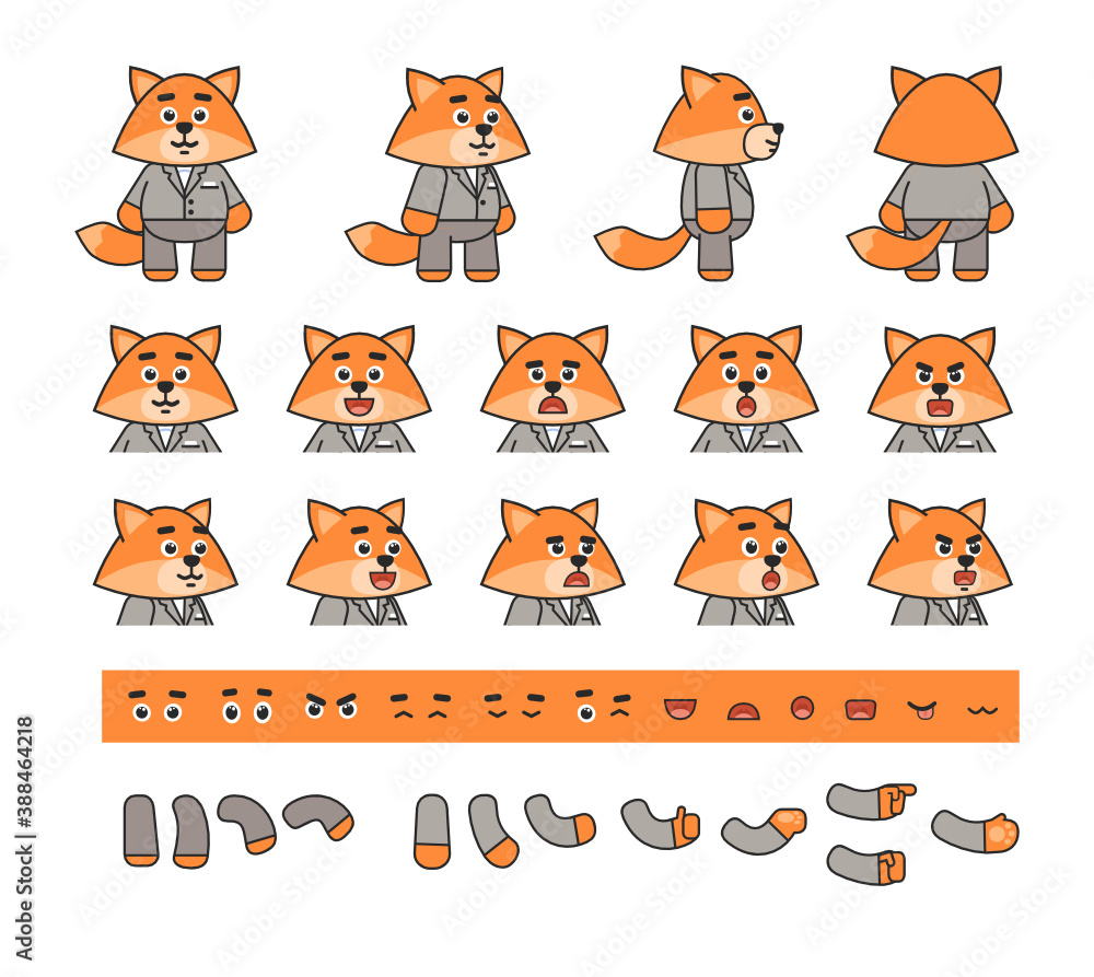 Cute chibi yellow fox in grey suit creation bundle. Create your own ...