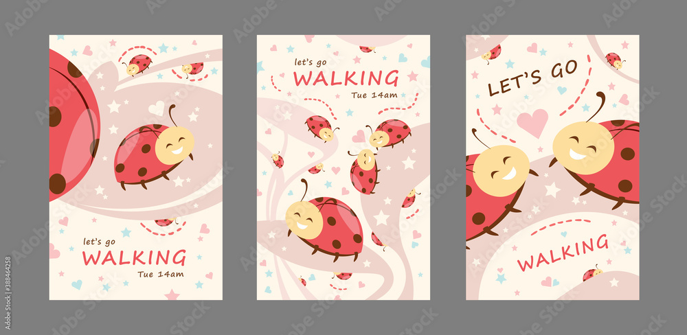 Walking invitation cards set. Friendly cute cartoon ladybirds vector ...