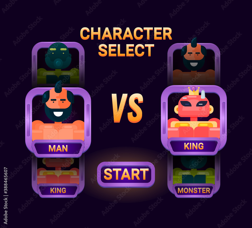 Game ui character selection pop up for 2d gui interface vector ...