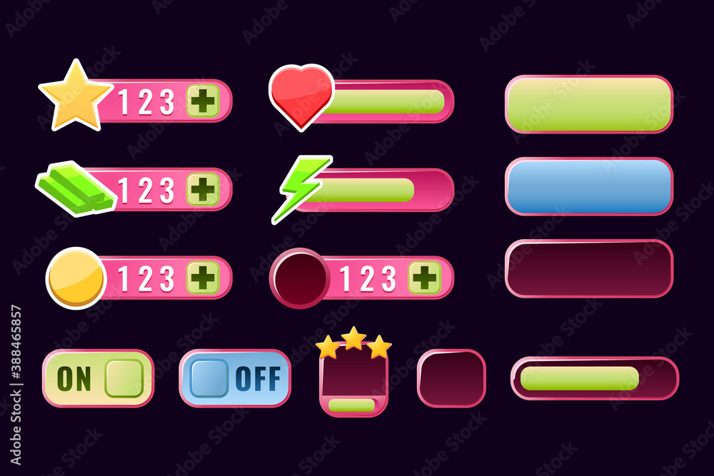 Set of funny pink gui progress bar, button icon, additional panel and ...