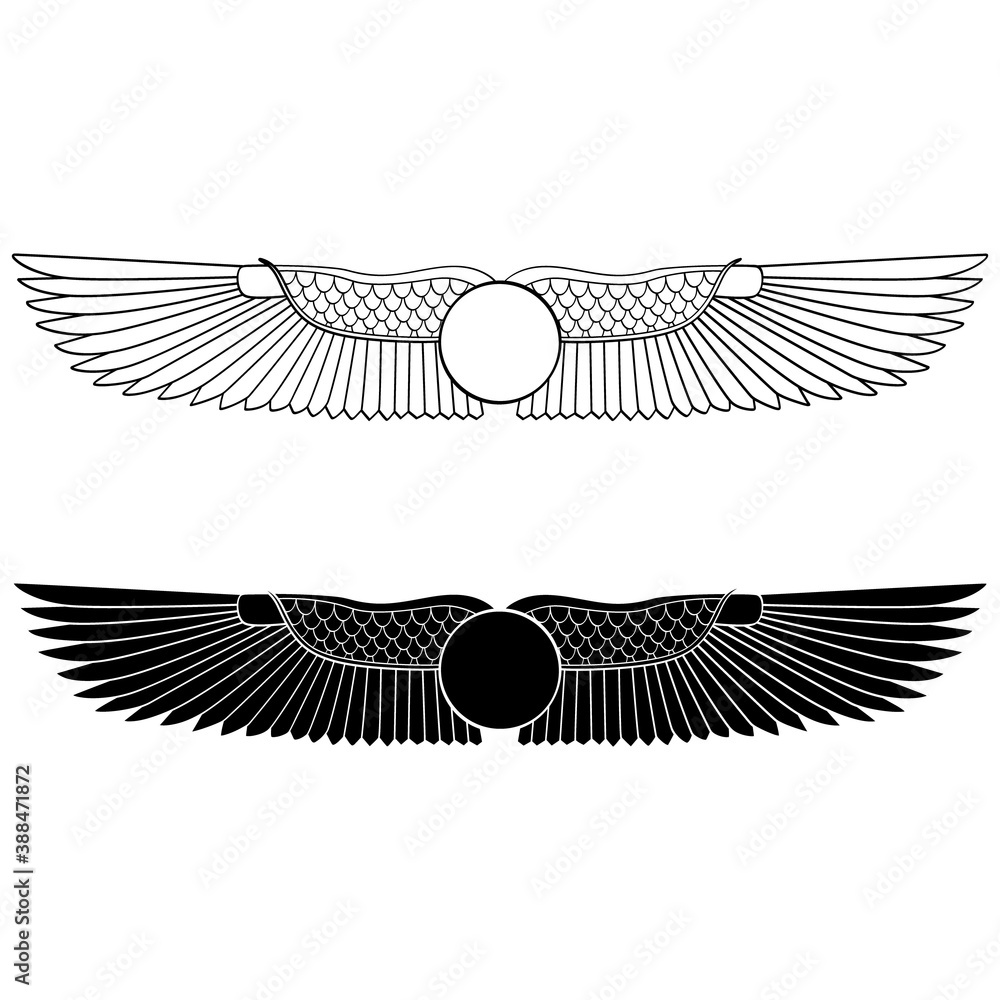 vector monochrome icon set with ancient egyptian symbol Winged sun for ...