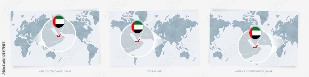 Three versions of the World Map with the enlarged map of United Arab ...