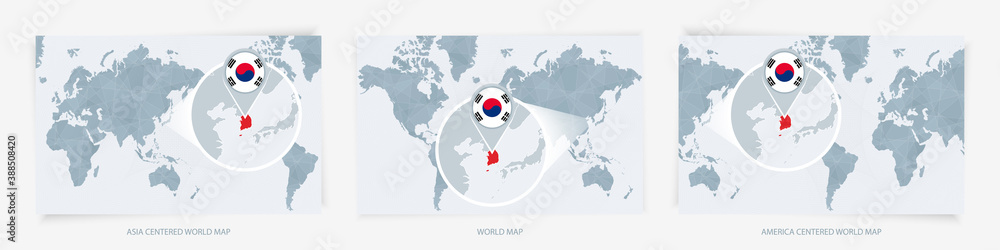 Poster Three versions of the World Map with the enlarged map of South ...