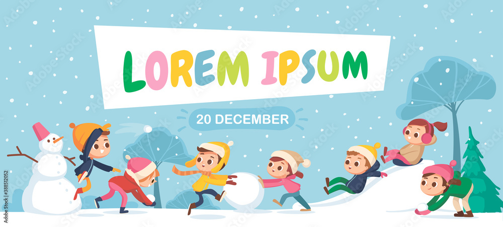 Children building snowman together and having snowball fight in forest ...