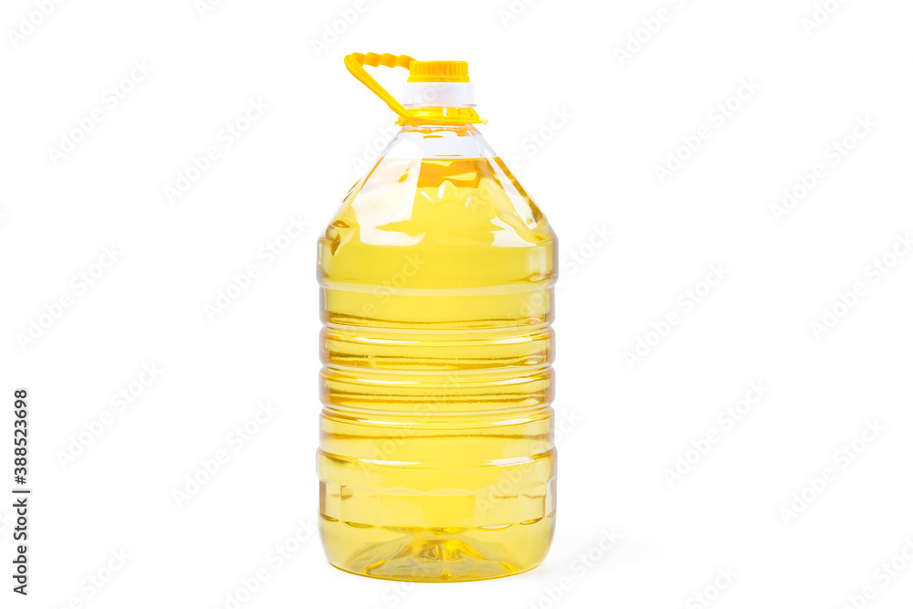 Plastic bottle of cooking oil with handle on white background Stock ...