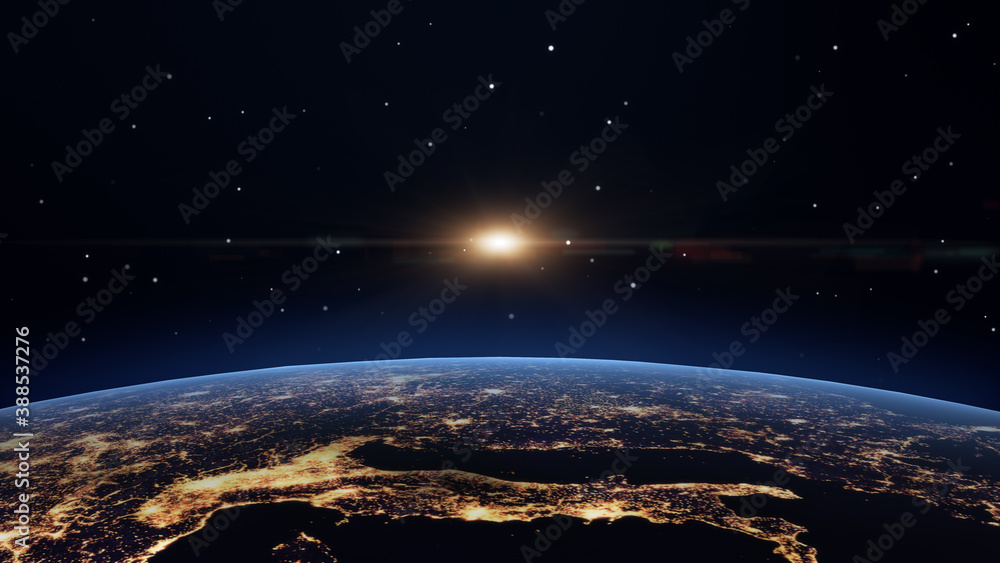 Sunrise, blue light, view from space on Planet Earth at night. World ...