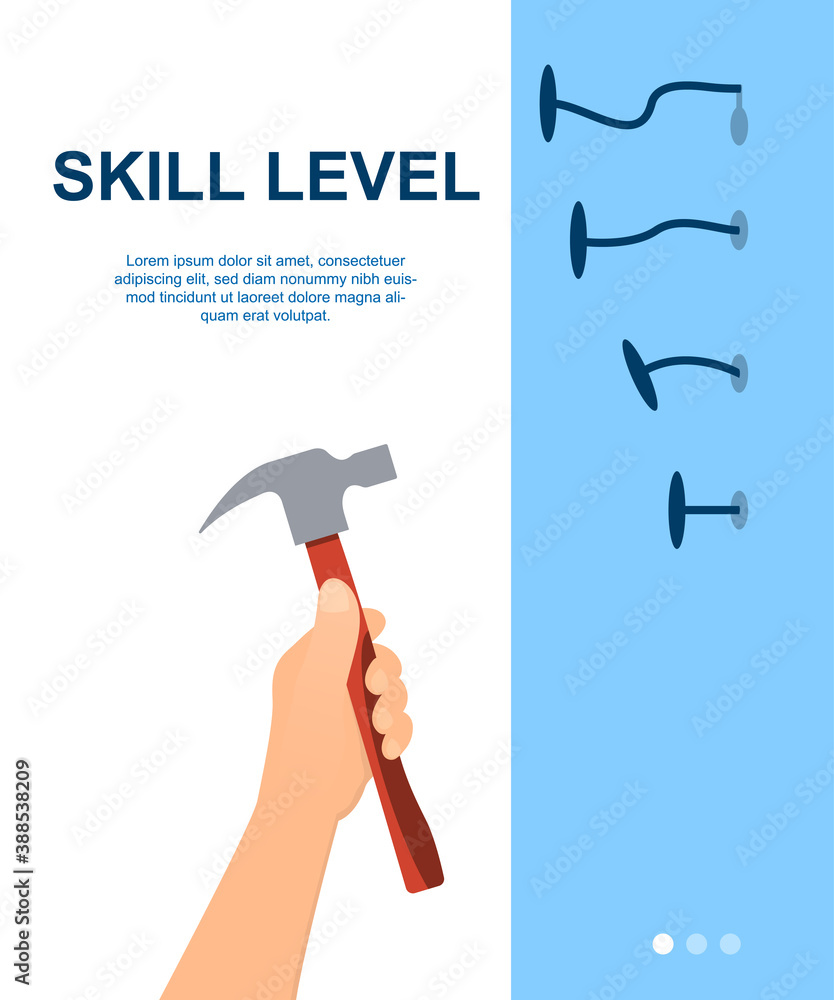 Skill level abstract concept. Mans hand hammers nails with hammer ...