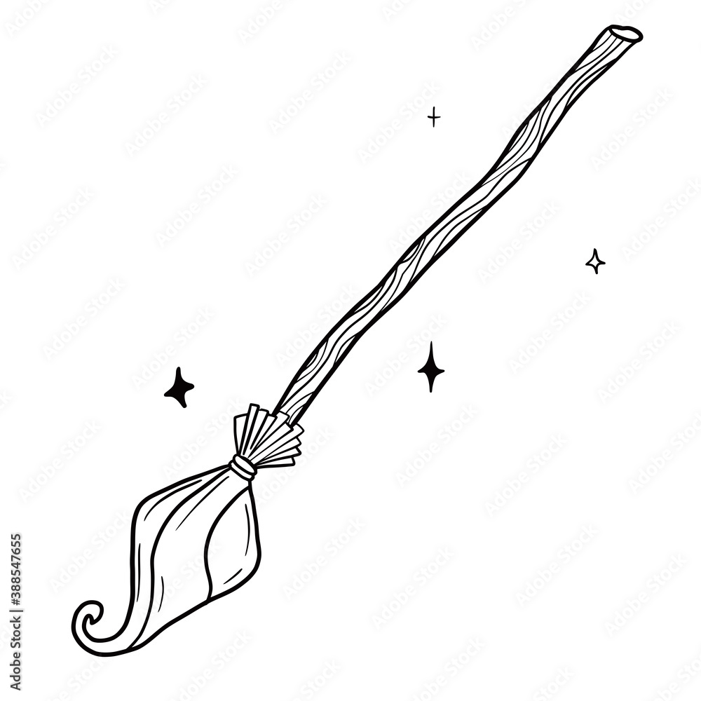 Hand drawn vector isolated flying broom icon. Black outline ...