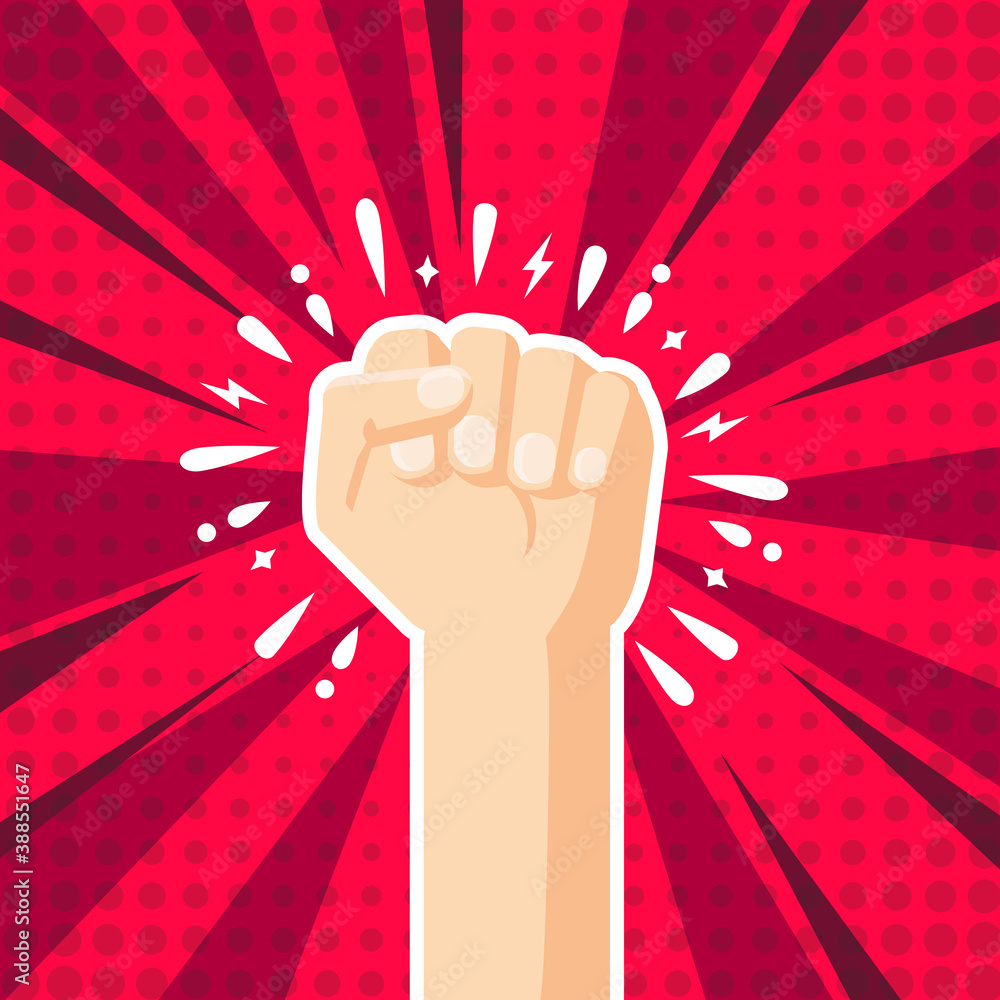 Hand raised up with a clenched fist. Revolution, power concept. Comic ...