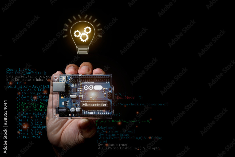 Poster Arduino controller board element photo in dark background with ...